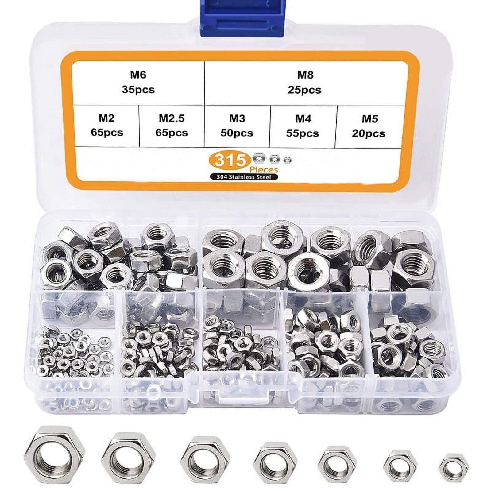 315PCS M2 M2.5 M3 M4 M5 M6 M8 Lock Nut Assortment Kit, 304 Stainless ...