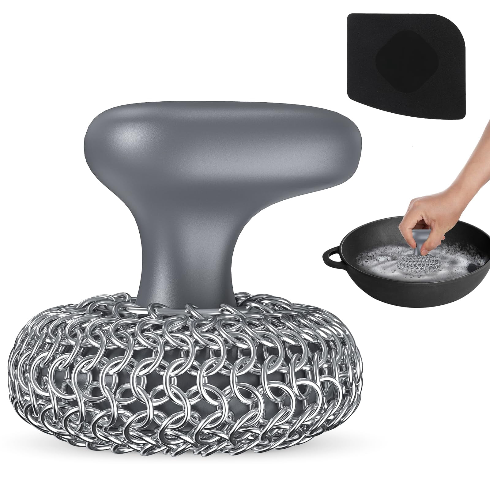 316 Stainless Steel Chainmail Cast Iron Scrubber with Ergonomic Handle ...
