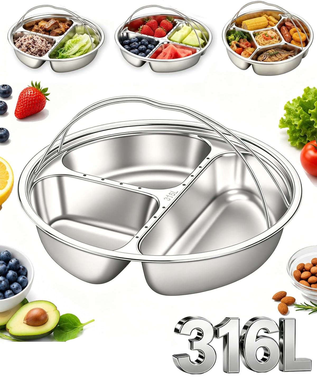 316 Stainless Steel Divided Plate with Double Handle,Round Divided ...