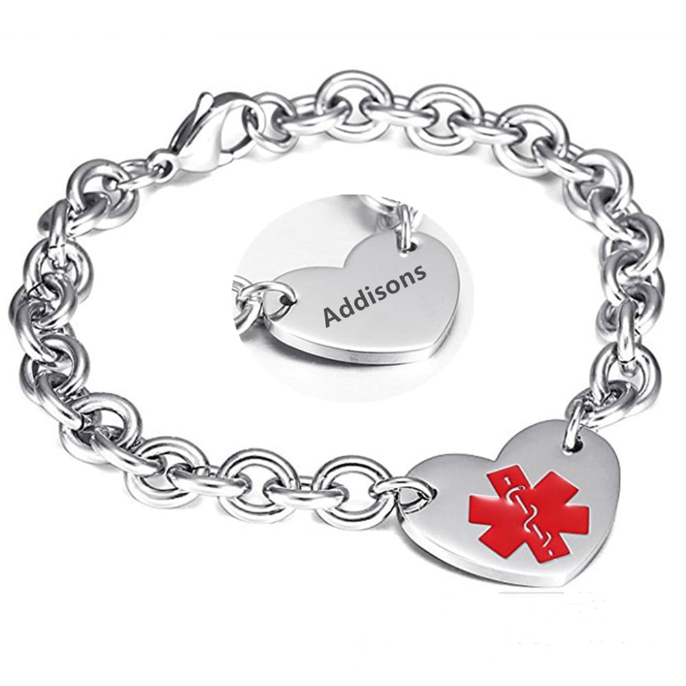 316L Stainless Steel Addisons Engraved Medical Alert Heart Charm Link ...