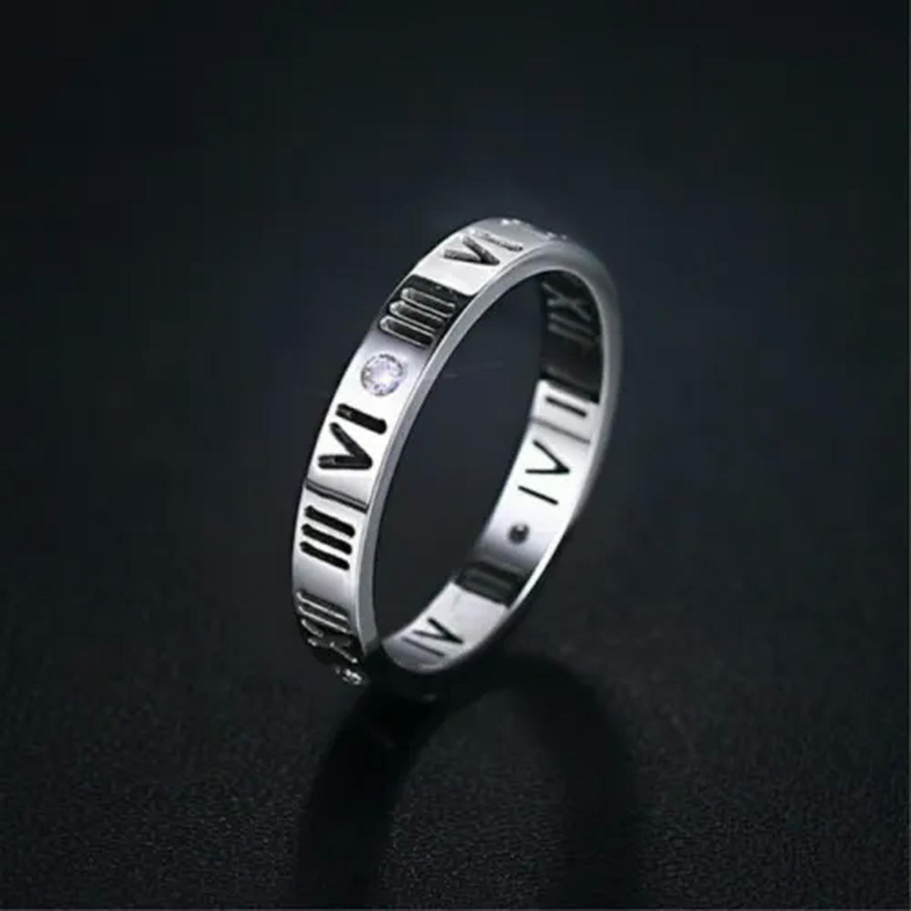 316L Stainless Steel Hollow Roman Numerals Band Womens Rhinestones Ring ...