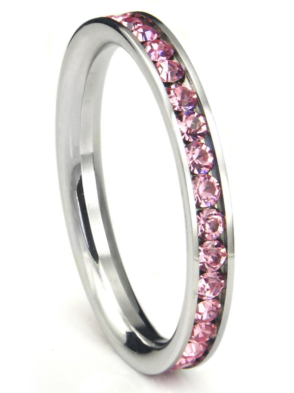 316L Stainless Steel Pink Cubic Zirconia CZ Eternity Wedding 3MM Band ...