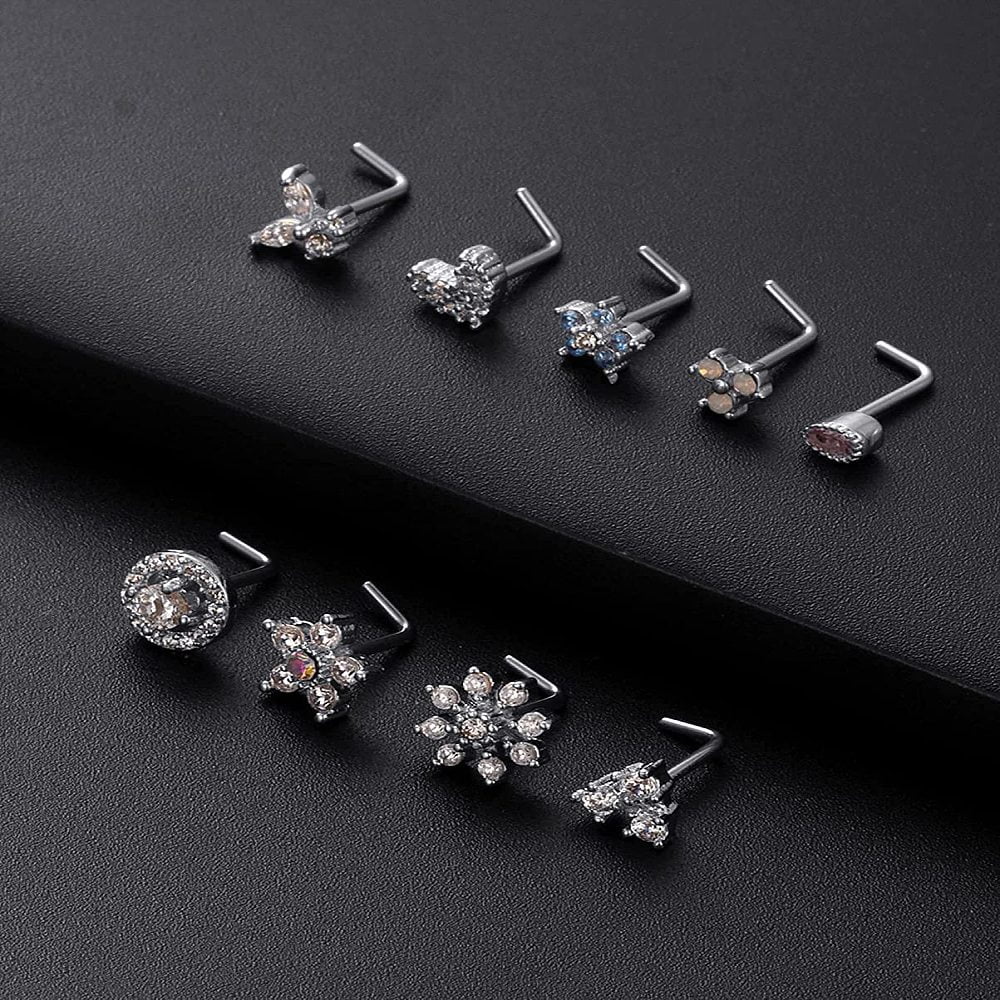 316L Surgical Stainless Steel Clear Cubic Zirconia L-Shaped Nose Rings ...