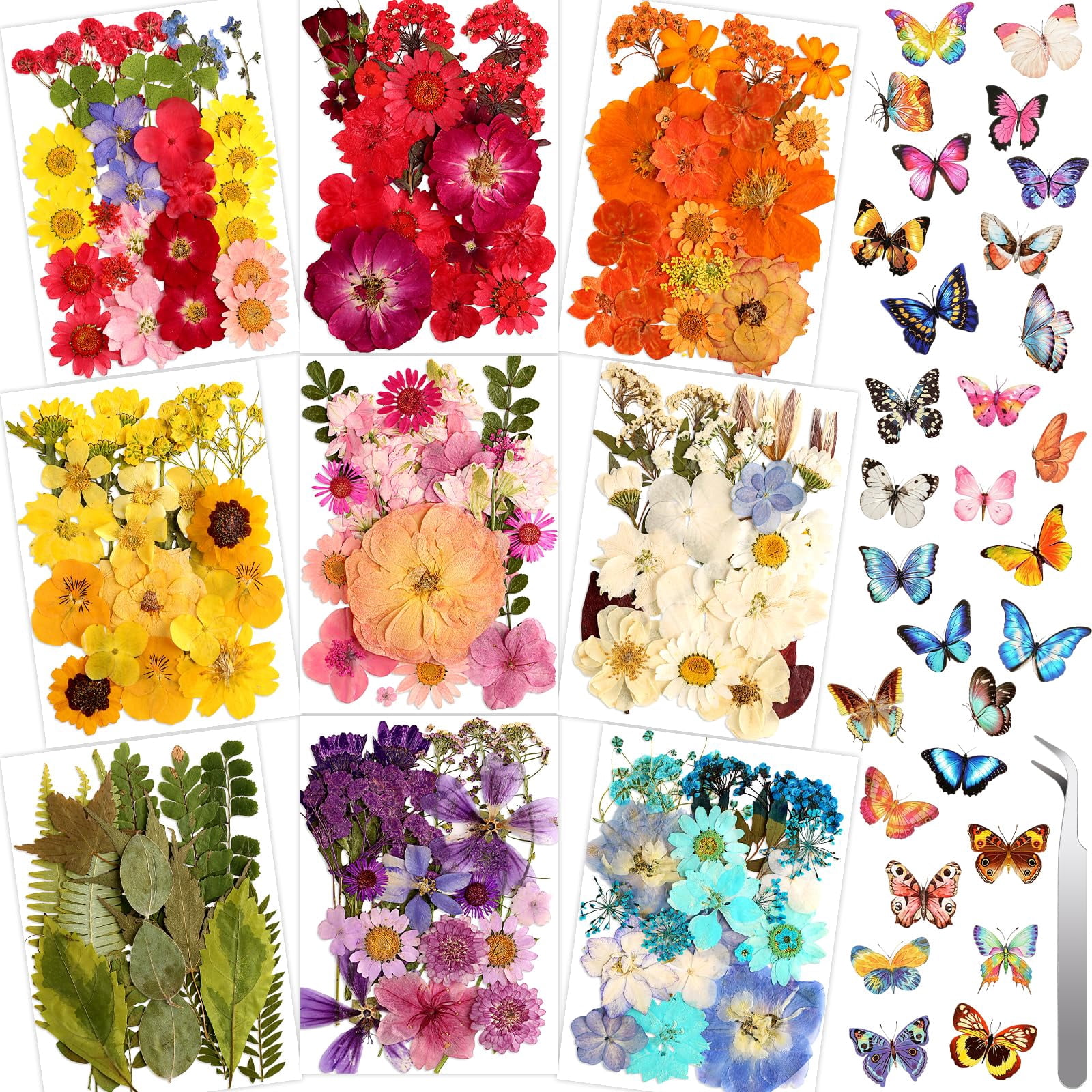 318 Pressed Flowers Butterfly Stickers Bulk with Tweezers for DIY ...