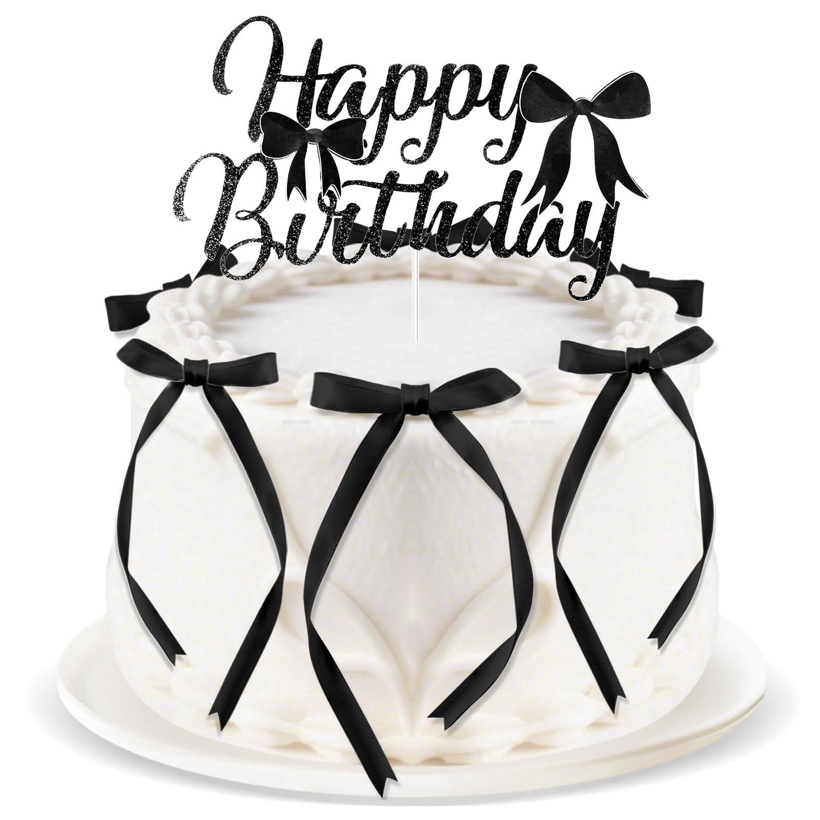 Happy Birthday Cake Decor Bow Cake Topper - Black Ribbon Bow Cake ...