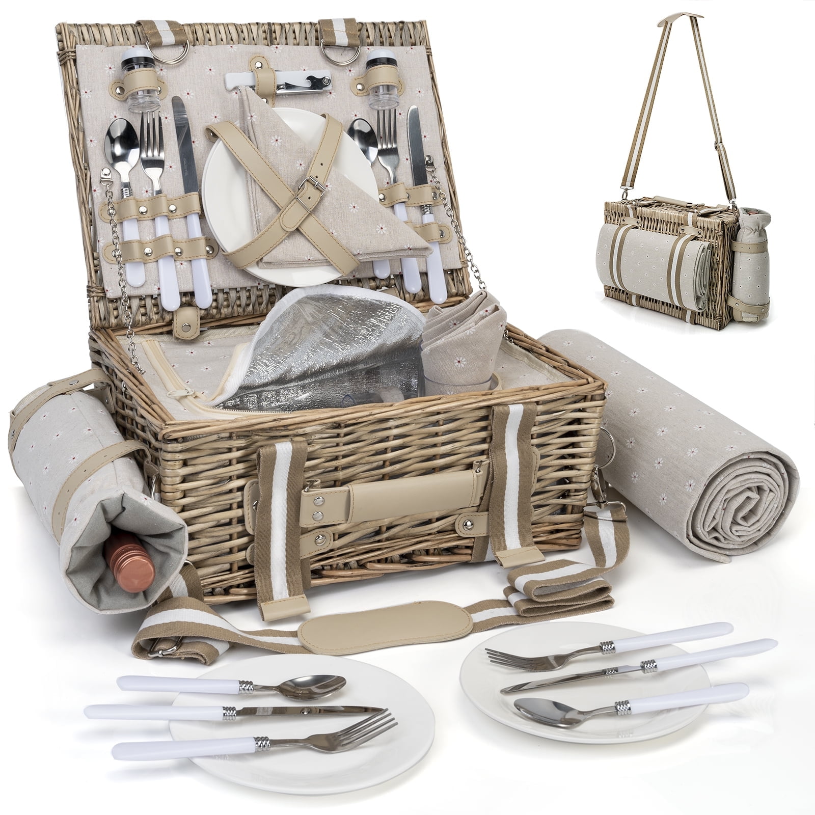 31Pcs Family Picnic Kit, Wicker Basket Set for 4, Insulated Liner ...