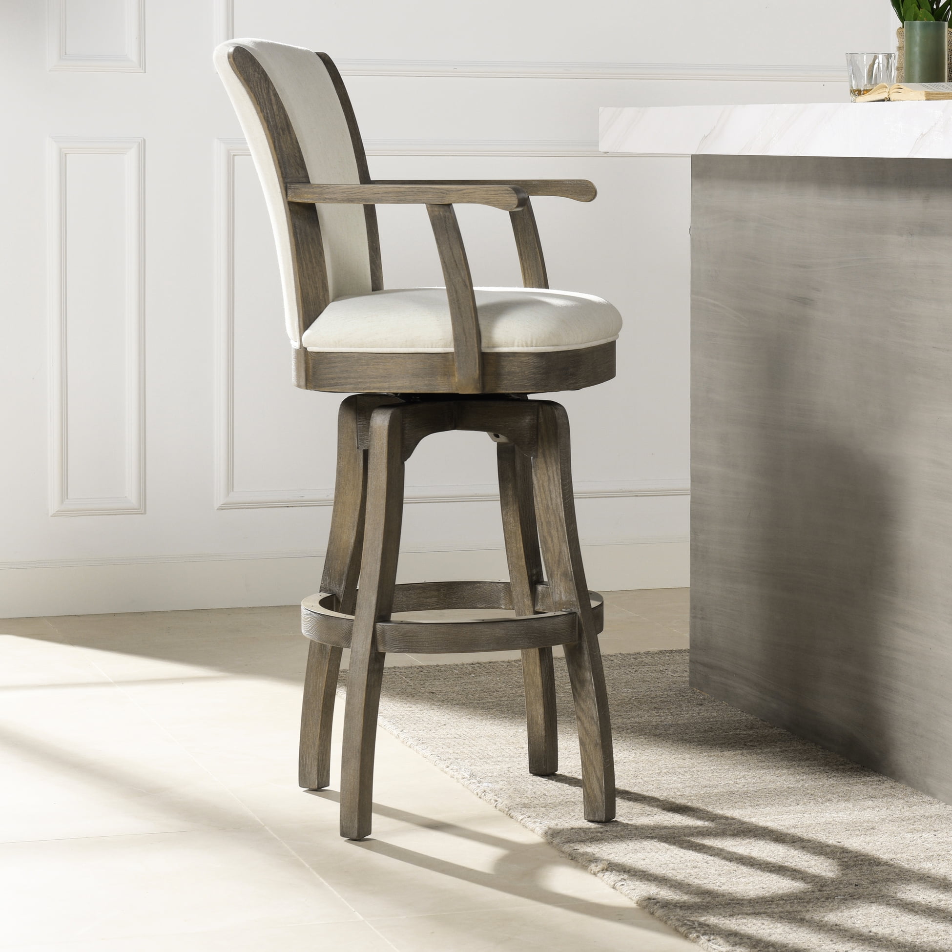 31in Armrest Swivel Bar Stool In Natural White Linen. Comfortable ...