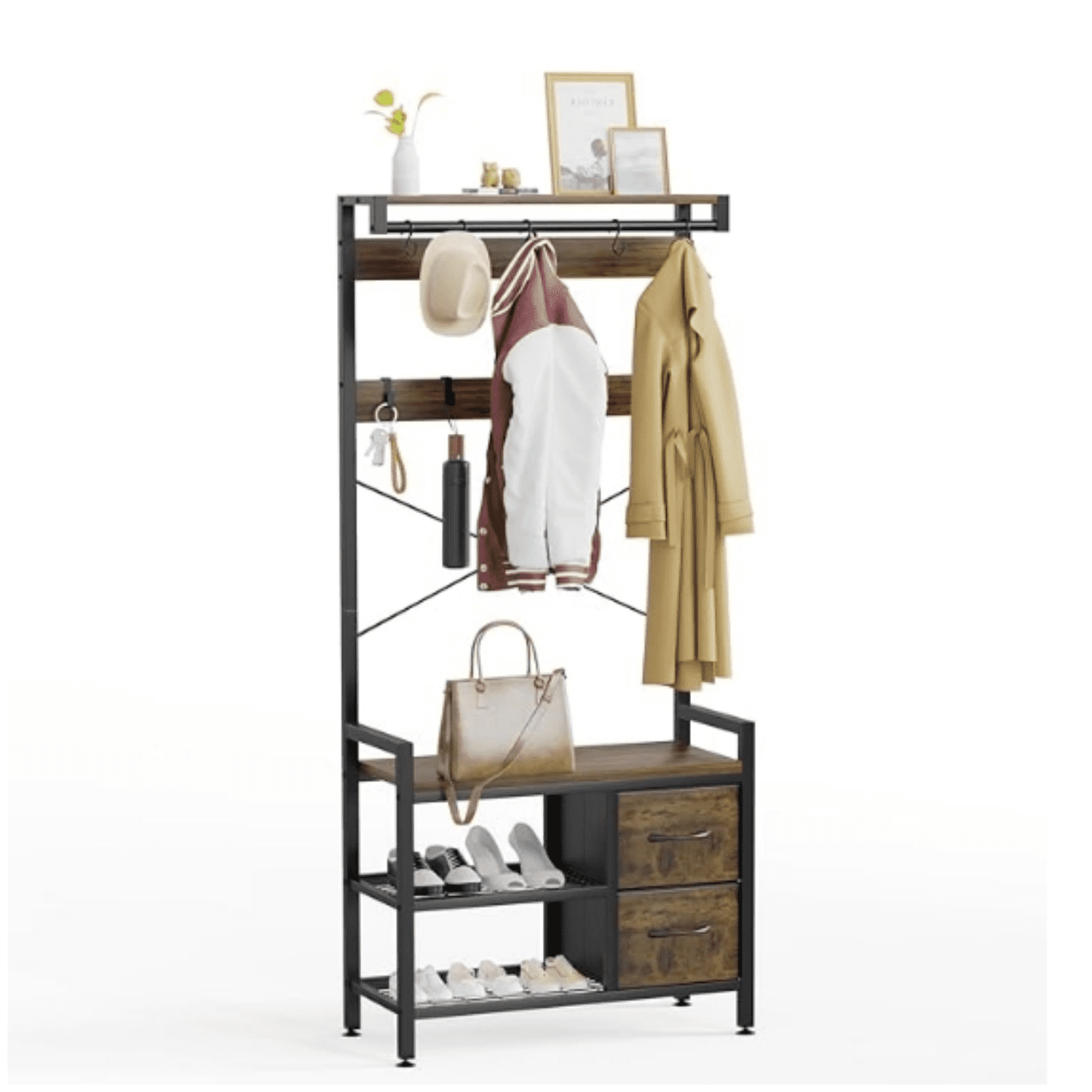 31inch Entryway Bench with Coat Rack freestanding, 5 in 1 Coat Rack ...