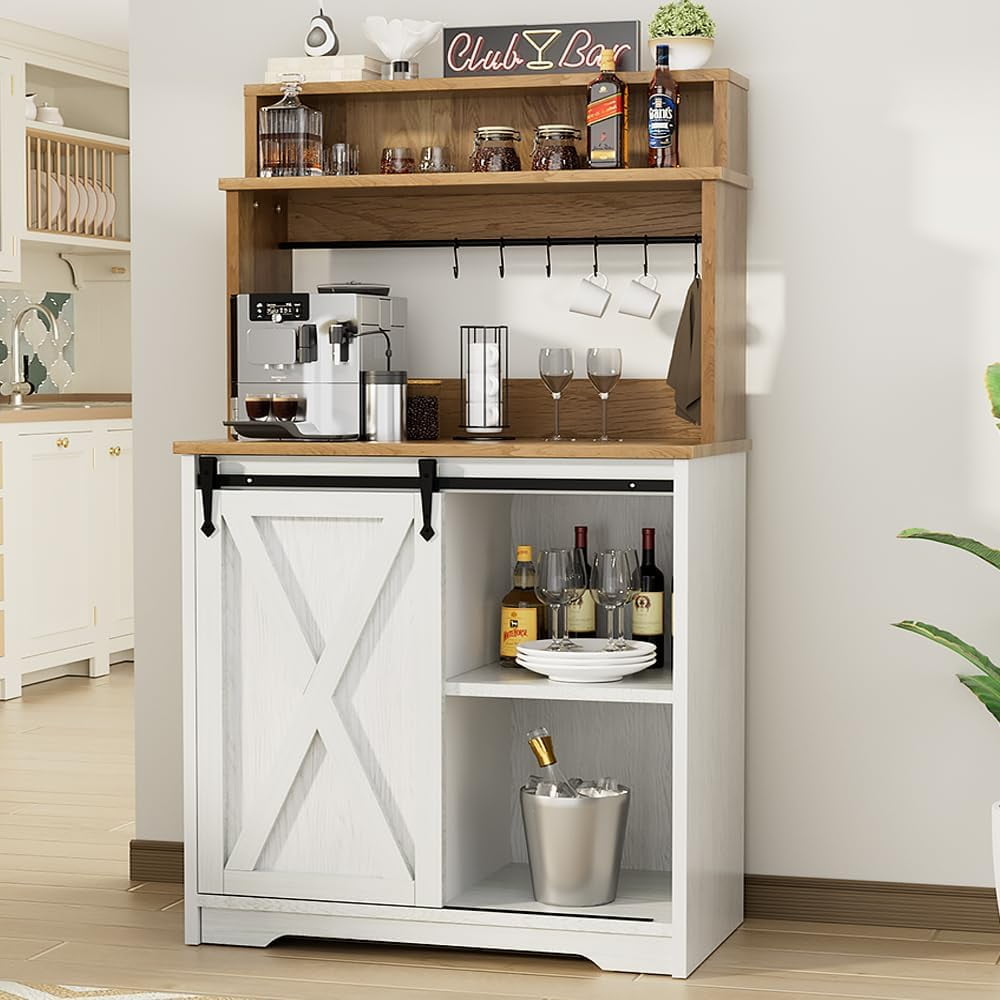 31inch Farmhouse Coffee Bar Cabinet, Small Coffee Bar Table with 3-Tier ...