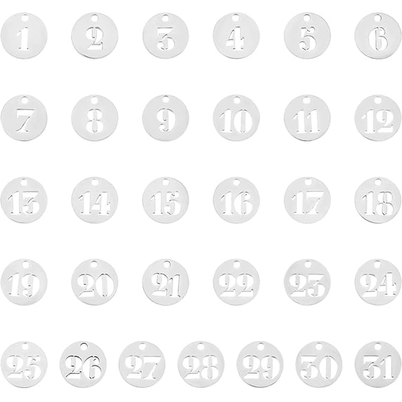 31pcs Flat Round with Number 1~31 Charm Stainless Steel Charms Lucky ...