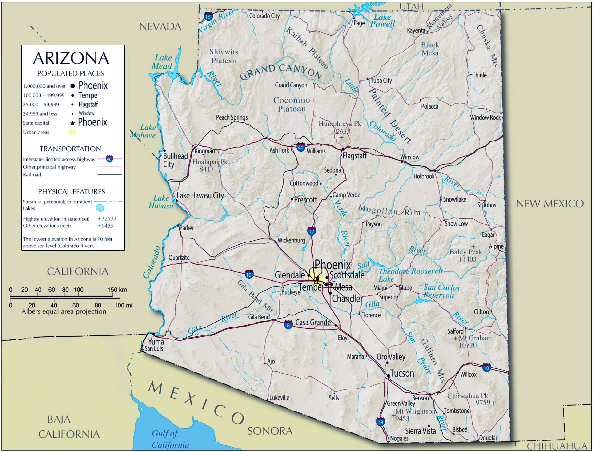Wall Art Impressions Arizona Map Poster with State Boundaries and Major ...