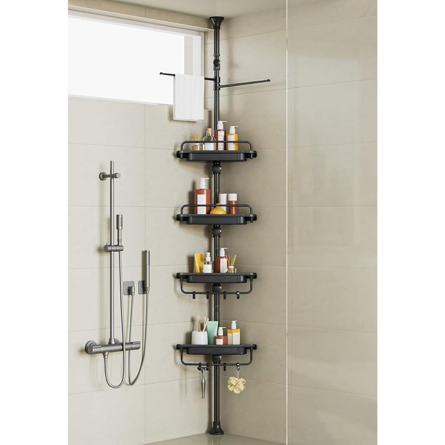 32-122inch Corner Shower Caddy Tension Pole Black, Rustproof Drill-Free ...