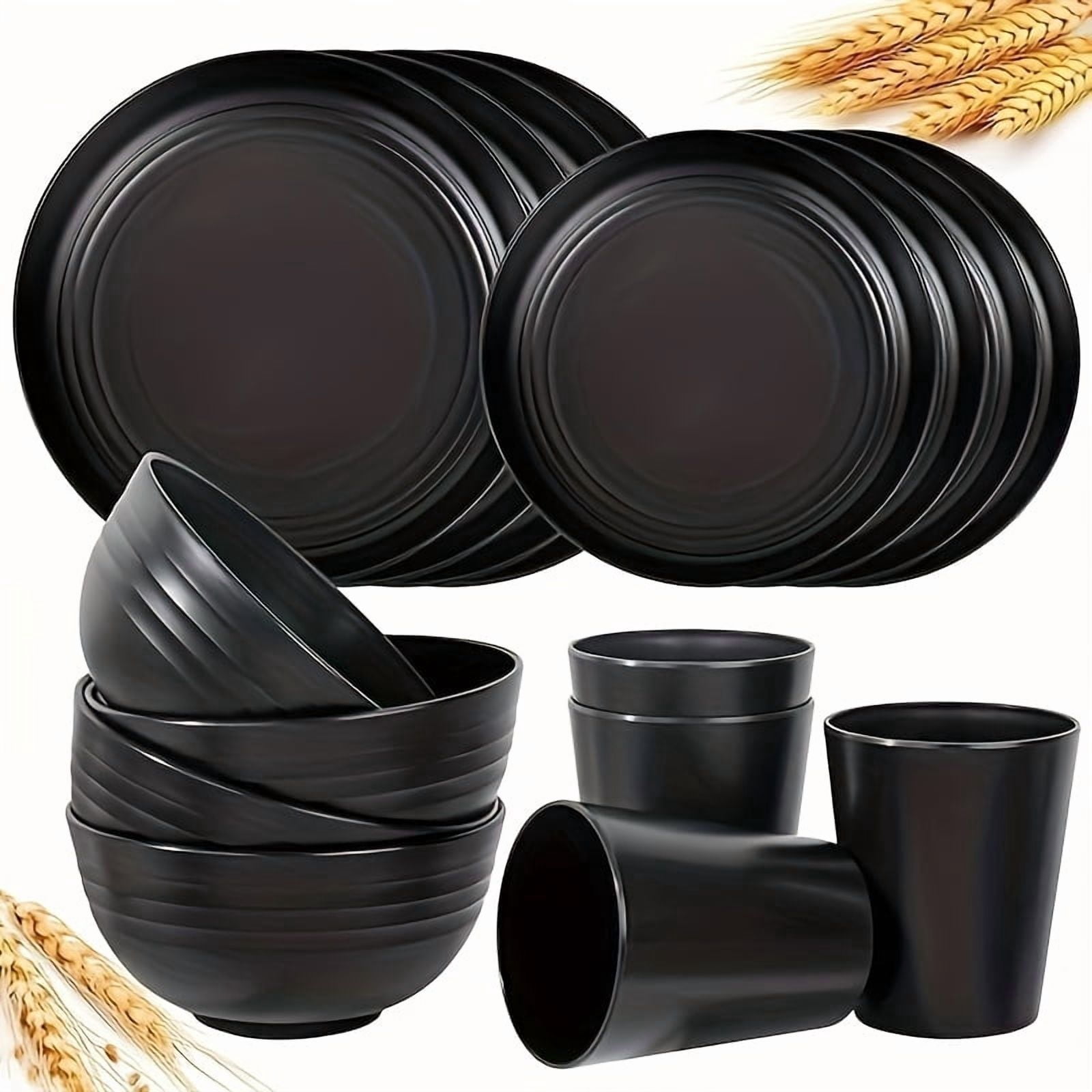 32/16pcs Black Wheat Straw Dinnerware Set - Unbreakable Plates And ...