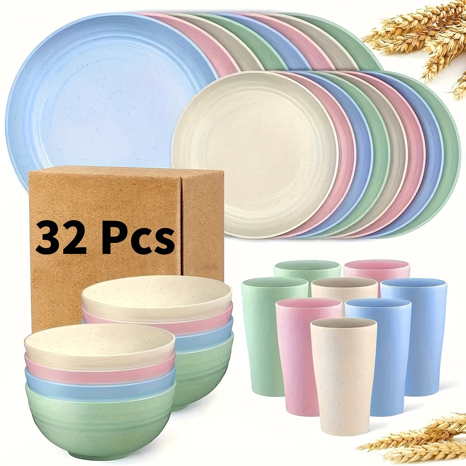32/17/16pcs Unbreakable Wheat Straw Dinnerware Set, Service for 4/8 ...