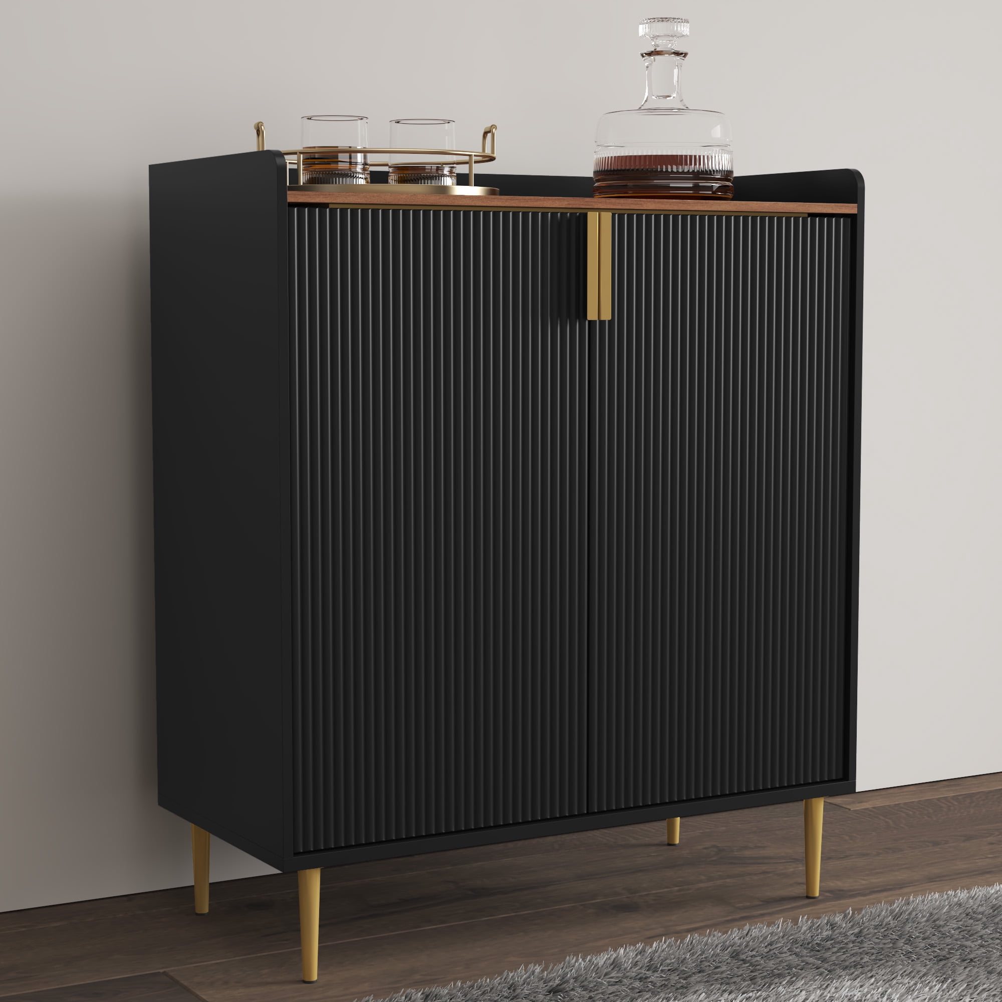32" 2 Door Wine Bar Cabinet Fluted Texture with Wine Rack&Glass Holder ...