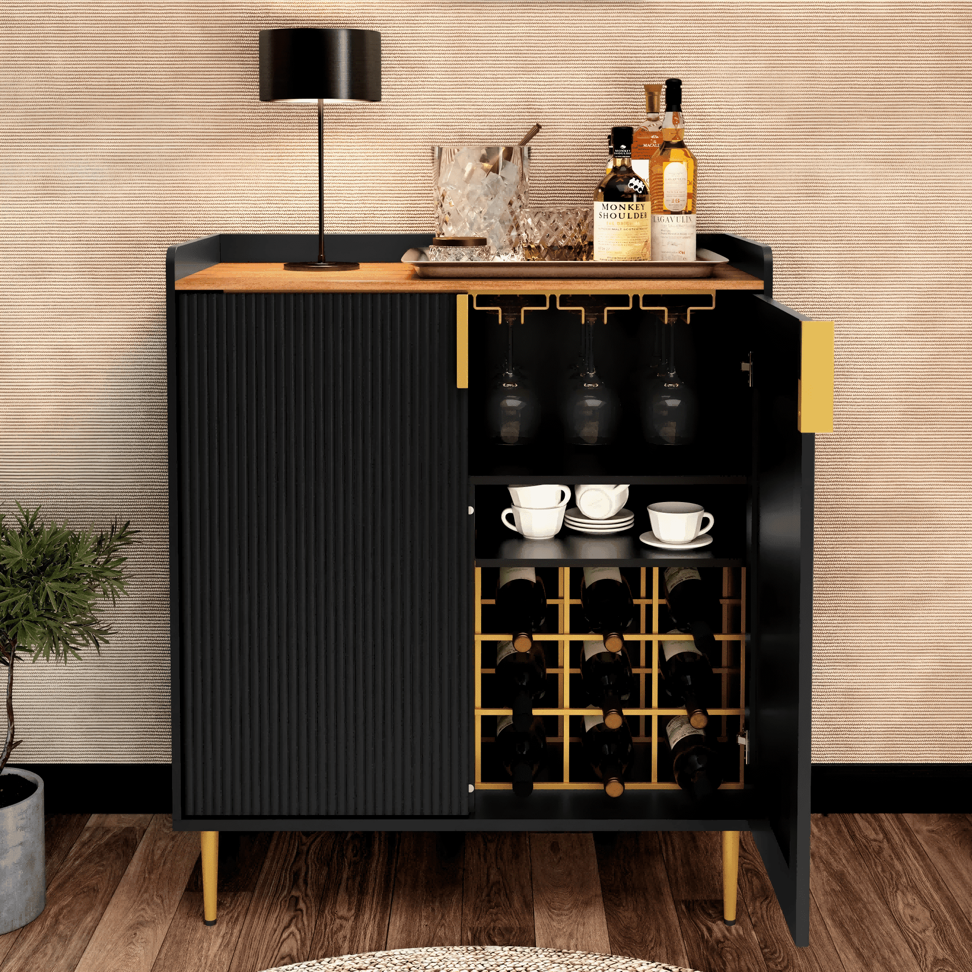 CBJCBJ 32" Wine Bar Cabinet with 2 Door Fluted Texture, Modern Coffee ...
