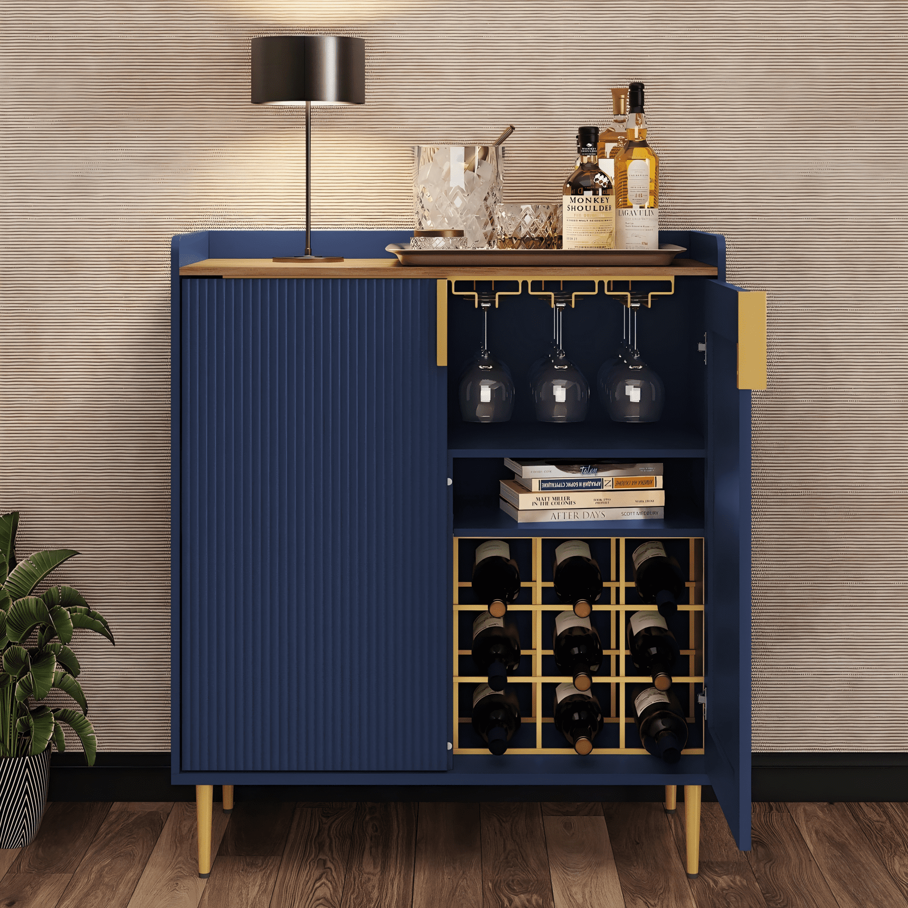 CBJCBJ 32" Wine Bar Cabinet with 2 Door Fluted Texture, Modern Coffee ...