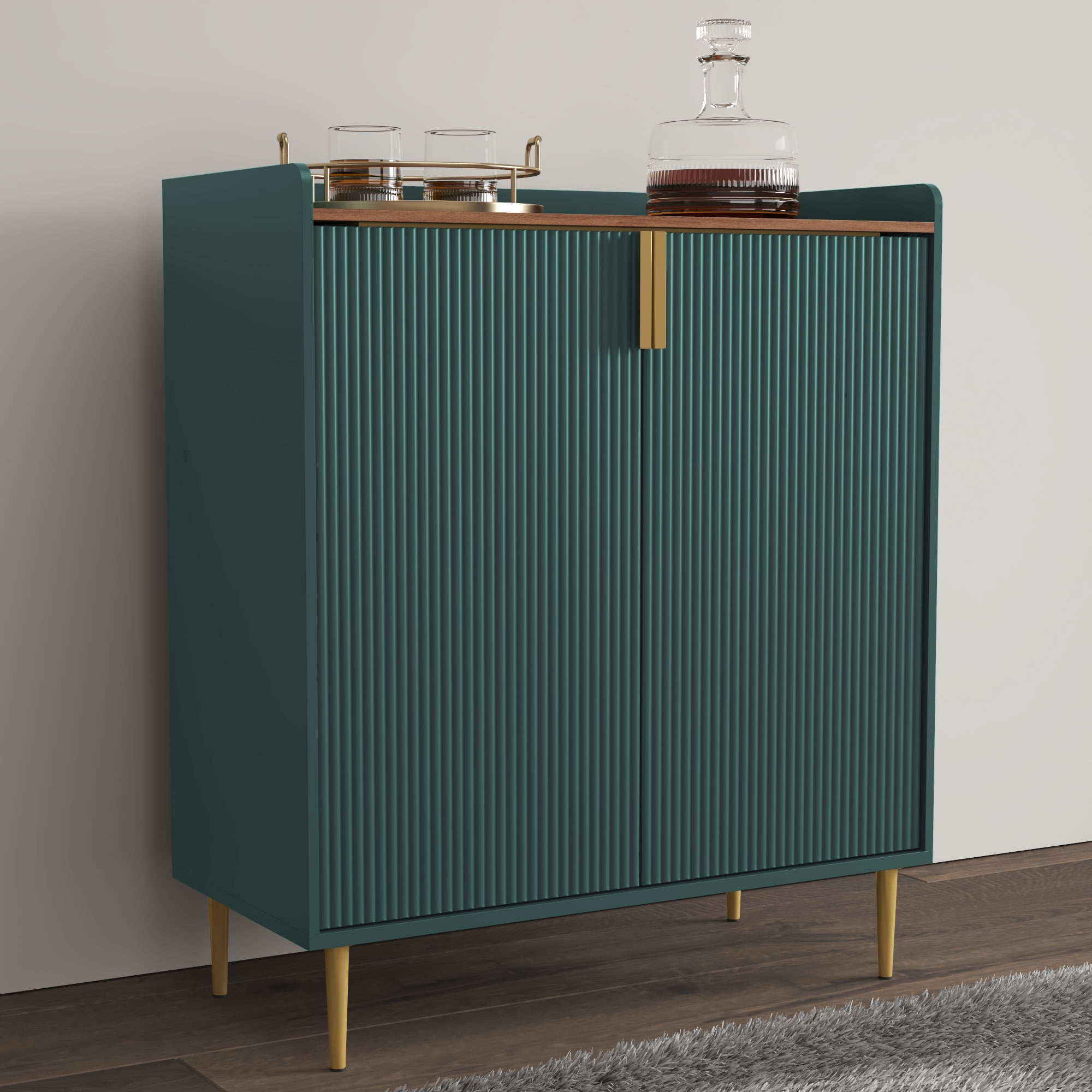 32" 2 Door Wine Bar Cabinet Fluted Texture with Wine Rack&Glass Holder ...