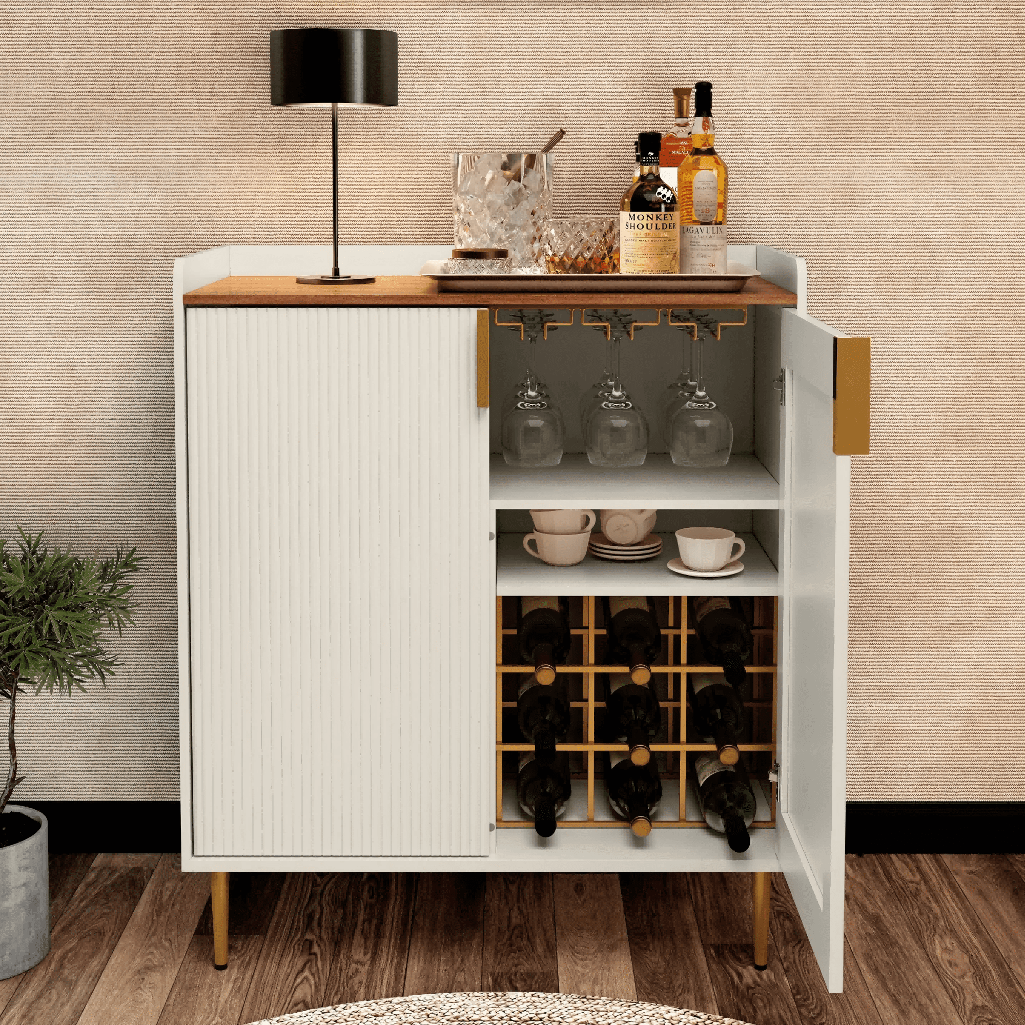 CBJCBJ 32" Wine Bar Cabinet with 2 Door Fluted Texture, Modern Coffee ...