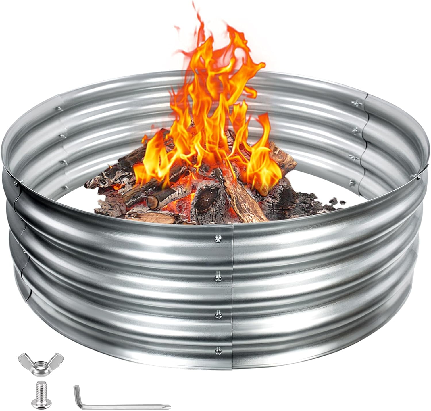 32.4 Inch Outdoor Round Fire Pit Ring, Galvanized Steel Fire Ring ...