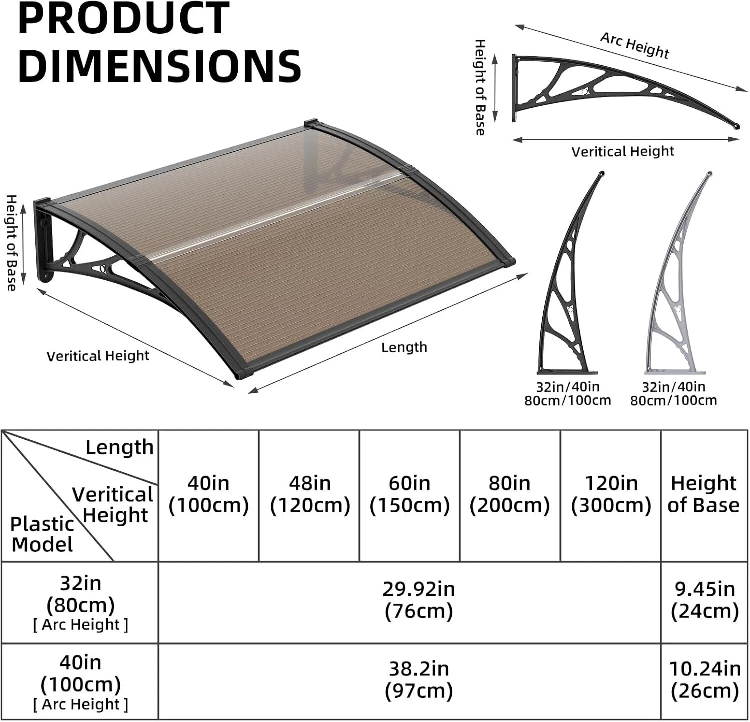 32/40/48/60/80" Window Awning Front Door Eaves Canopy Polycarbonate ...