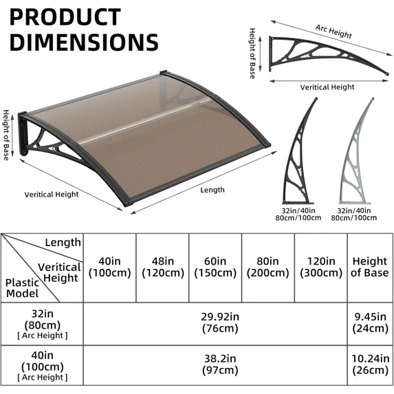 32/40/48/60/80" Window Awning Front Door Eaves Canopy Polycarbonate ...