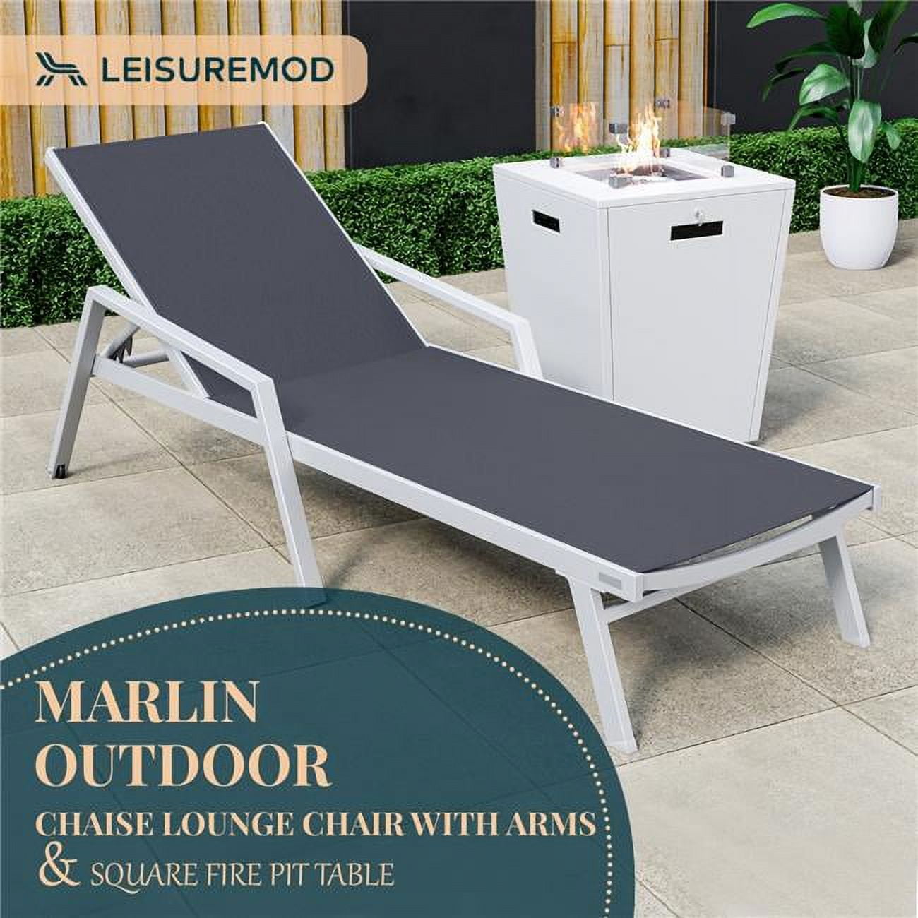 32.44 x 21.65 x 21.65 in. Marlin Modern White Aluminum Outdoor Patio Chaise Lounge Chair with ...
