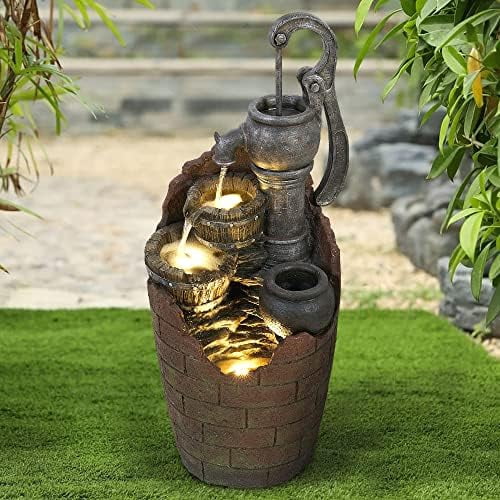 32.6''H 3-Tier Retro Barrel Outdoor Waterfall Fountain Decor with LED ...