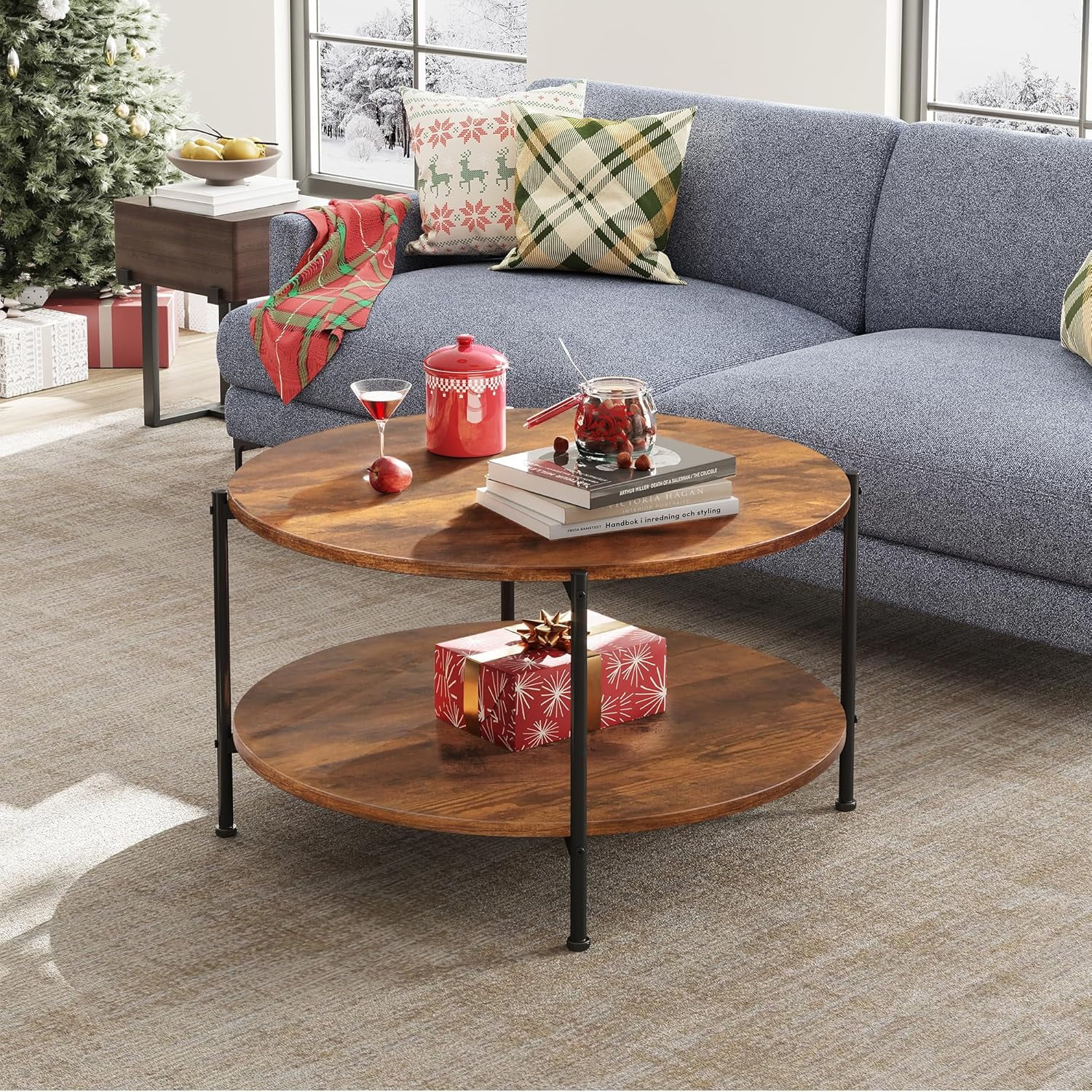 32.6" Round Circle Coffee Table, 2-Tier Wood Center Table with Storage ...