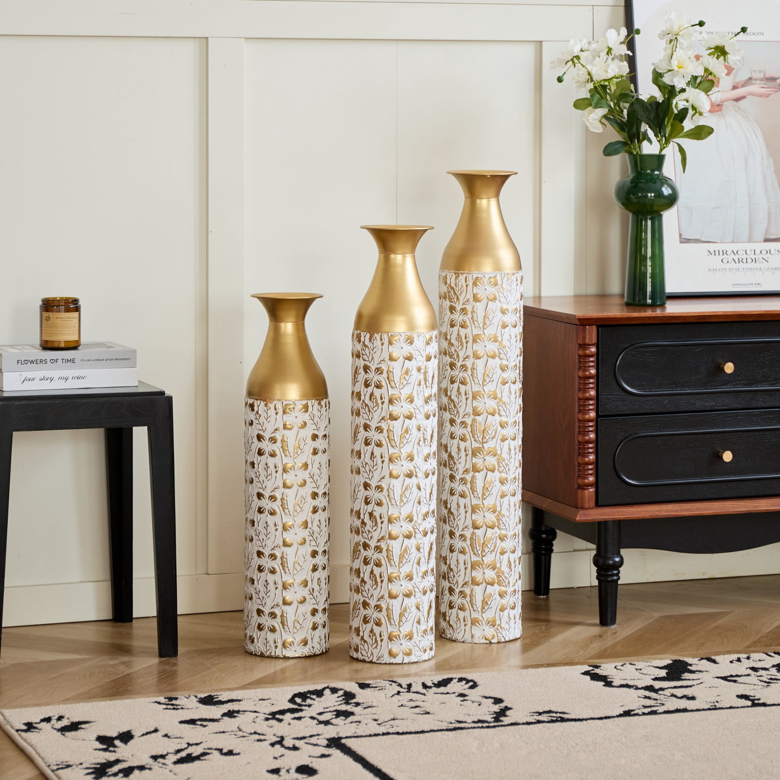 32.68" H Floor Vases Set of 3(24"/29"/32. 68"),Gilded White 3D Relief ...