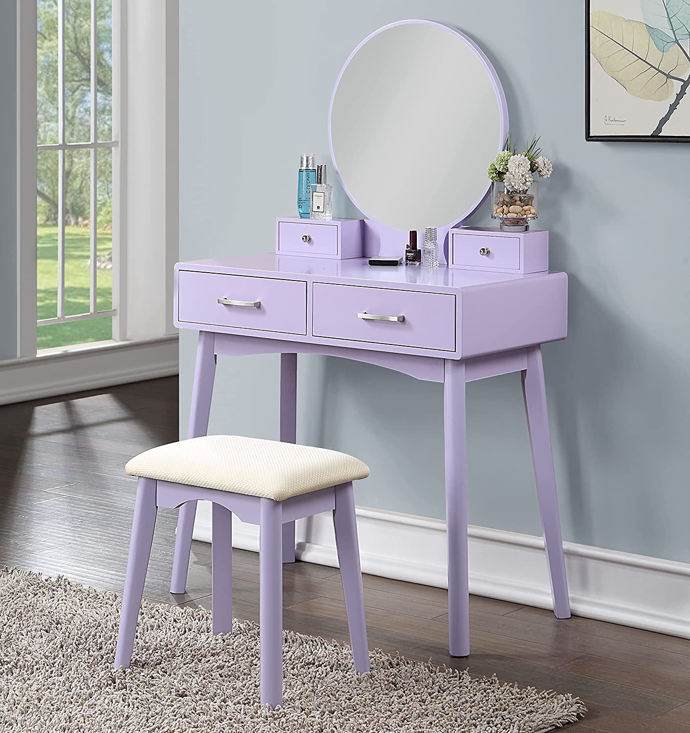 32.68" Makeup Vanity Desk with Round Mirror and Cushioned Stool, Vanity ...