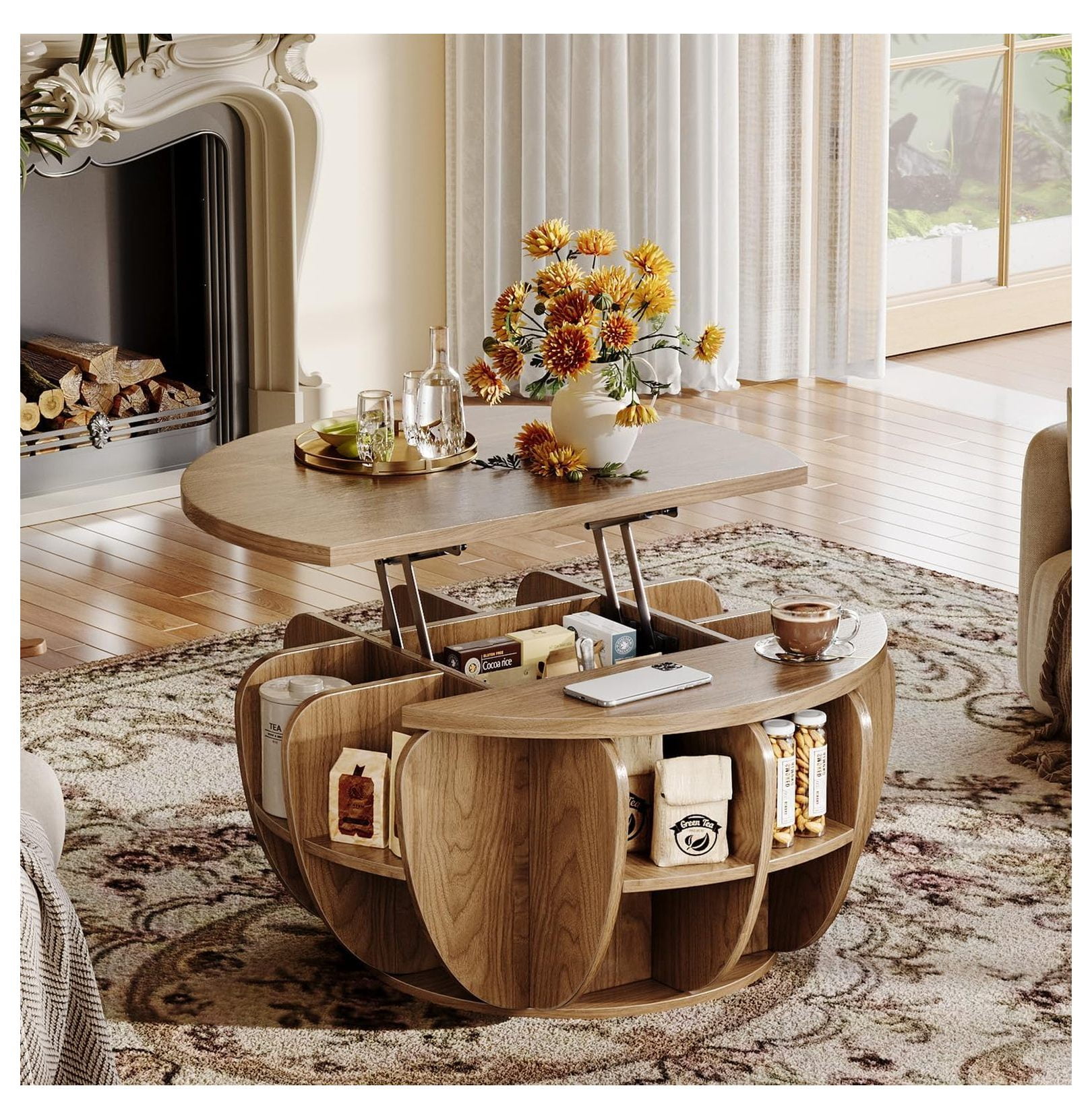 32.7" Lift Top Coffee Table with Storage, Wood Round Center Table with ...