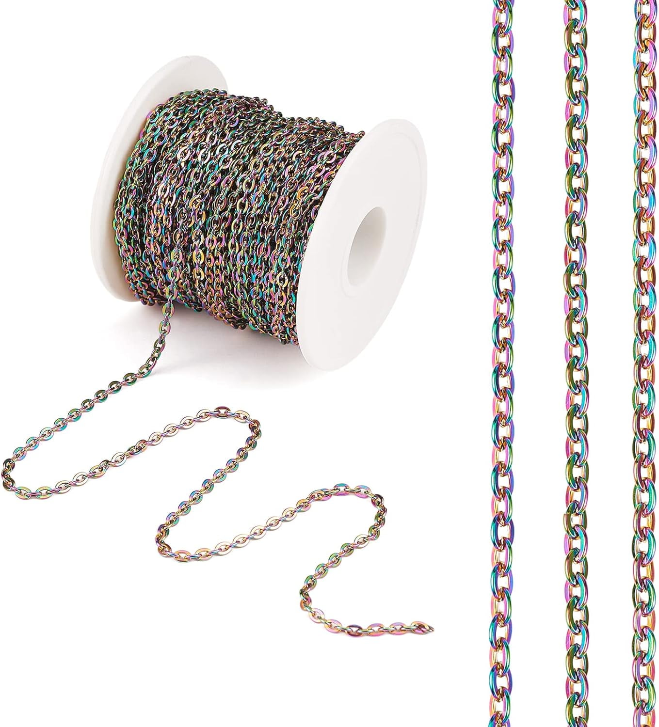 32.8 Feet 10M Stainless Steel Cable Chains Rainbow Color Flat Oval ...