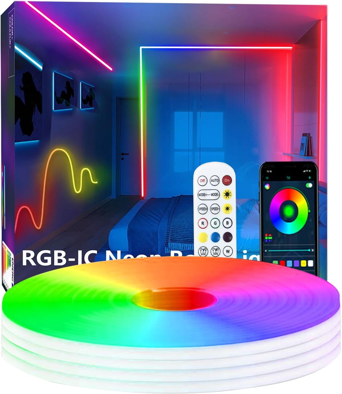32.8FT Neon Rope Lights,RGB+IC Flexible Led Rope Lights Control with ...