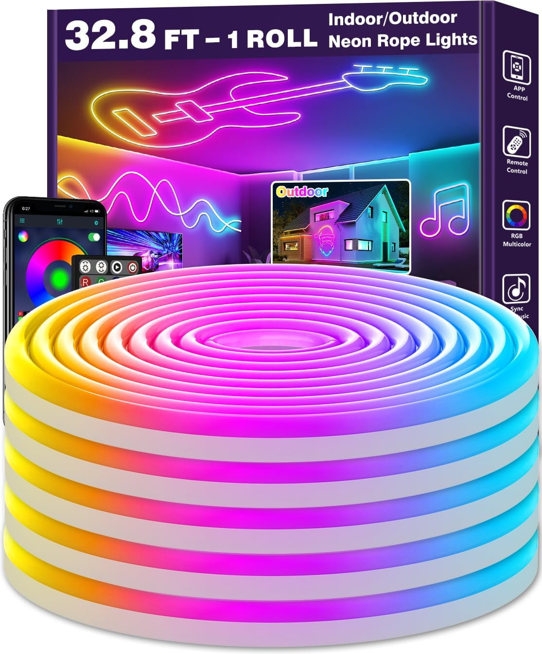 32.8Ft Neon Rope Lights,Flexible Rope Lights Control with App/Remote ...