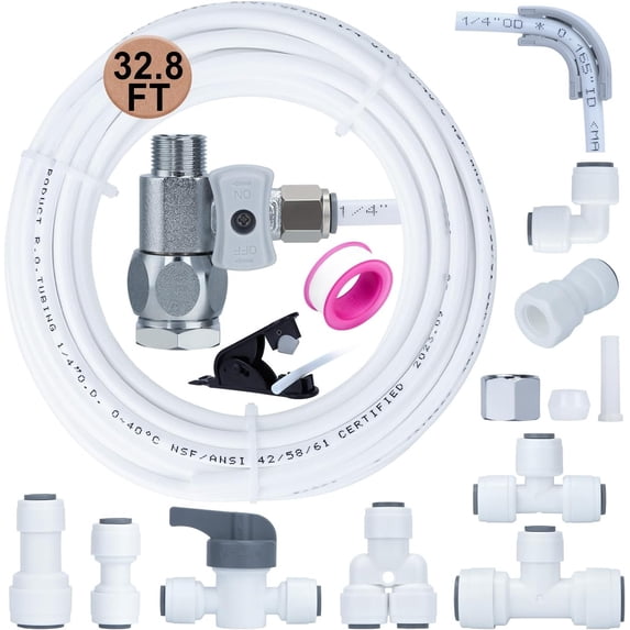32.8ft 1/4" OD Refrigerator Water Line Kit with Feed Water Adapter ...