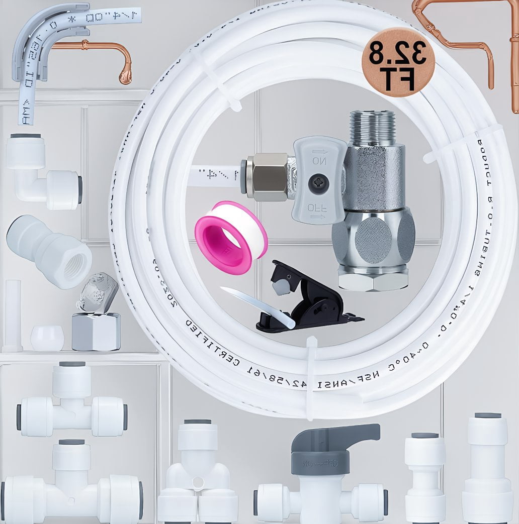 32.8ft 1/4" OD Refrigerator Water Line Kit with Feed Water Adapter ...