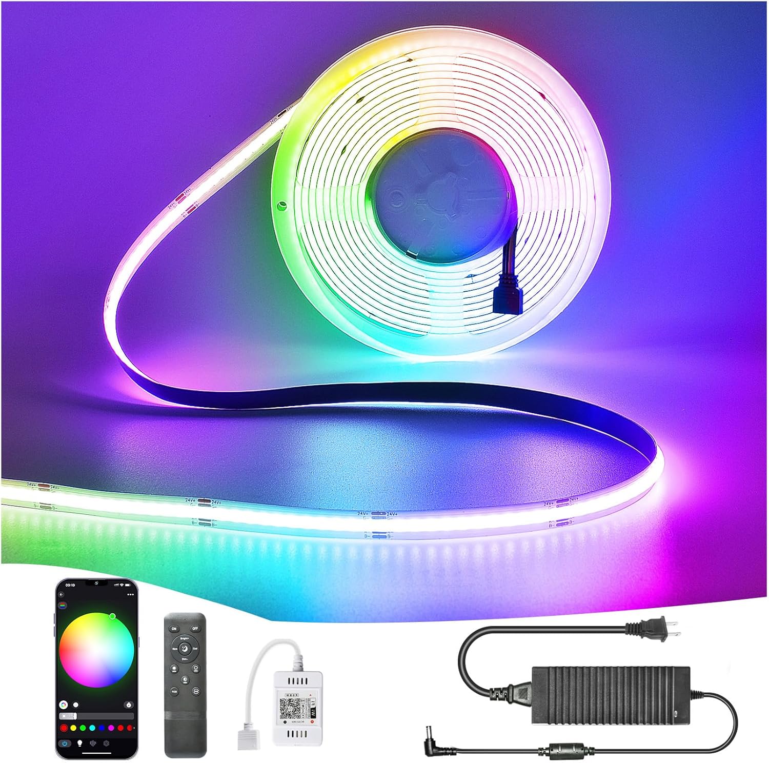 32.8ft 24V RGB COB Led Light Strip, 5760 LEDs 10mm Width, Smart Color ...