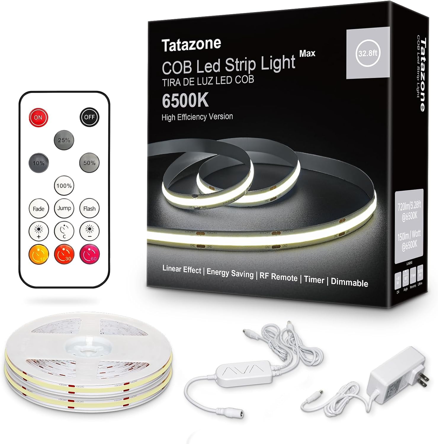 32.8ft 6500K White COB Led Strip Light with RF Remote, Dimmable Ultra ...