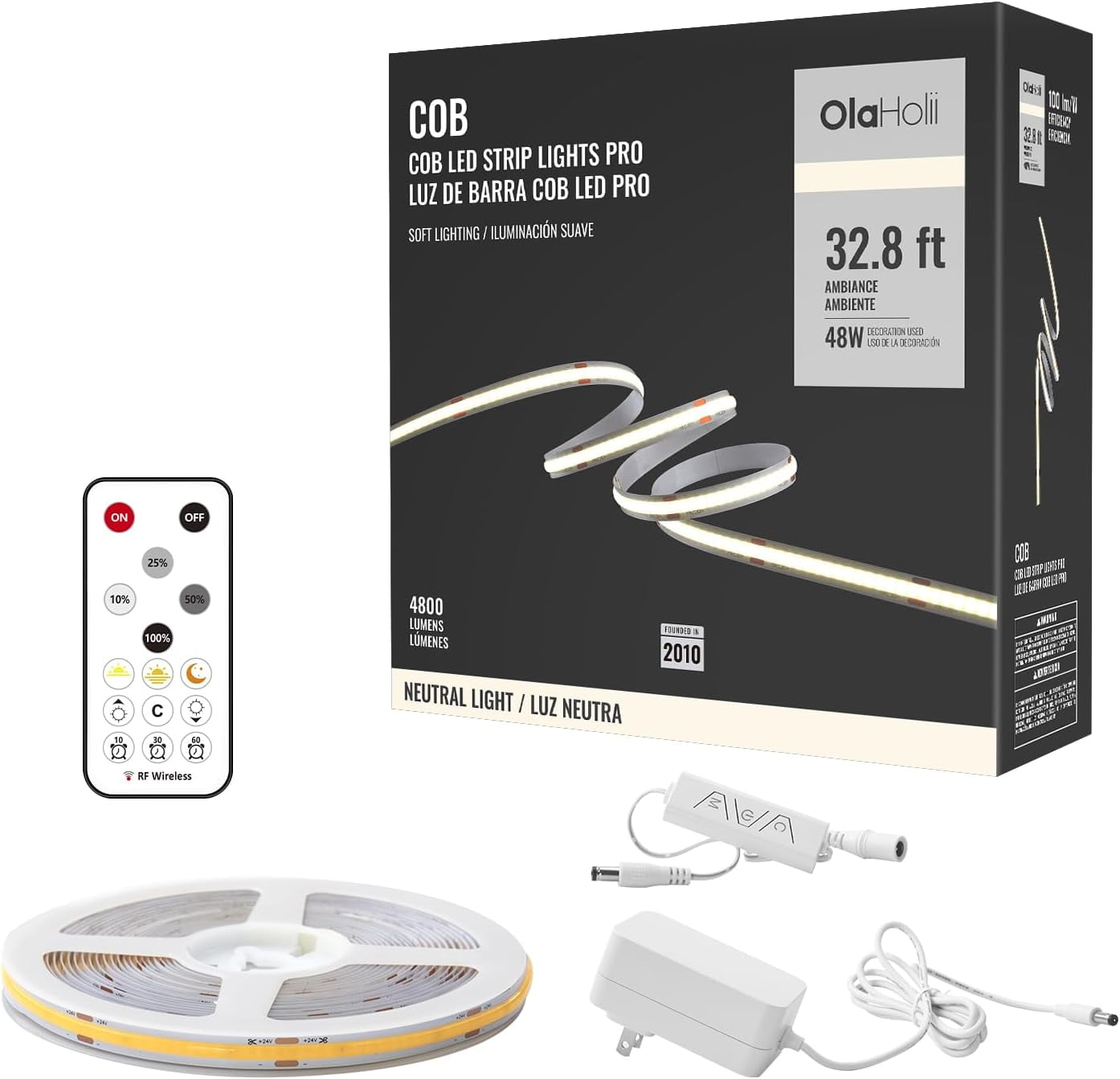 32.8ft COB LED Strip Light with Remote, 4000K Dimmable Bright LED COB ...