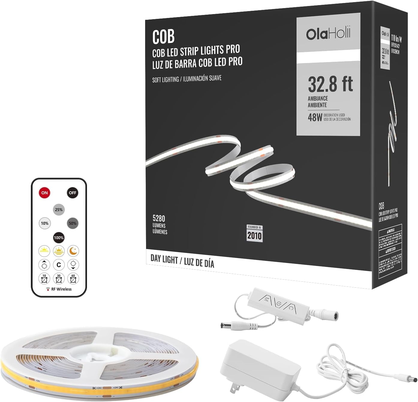 32.8ft COB Led Strip Light with Remote, 6500K Dimmable Bright Daylight ...