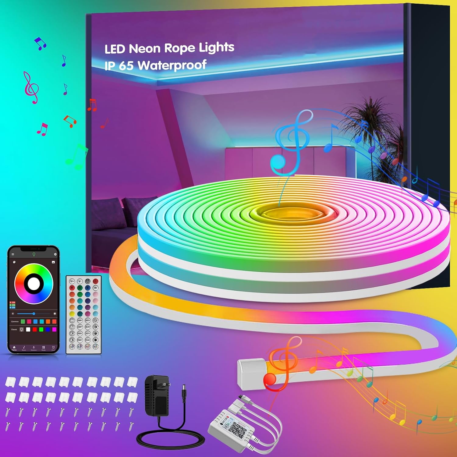 32.8ft Neon Rope Lights with App, Remote Control, IP65 Neon Light Strip ...