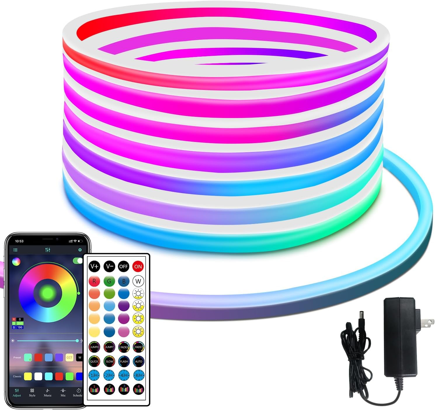 32.8ft Neon Strip Light with Remote APP Control IP65 Flexible neon Rope ...