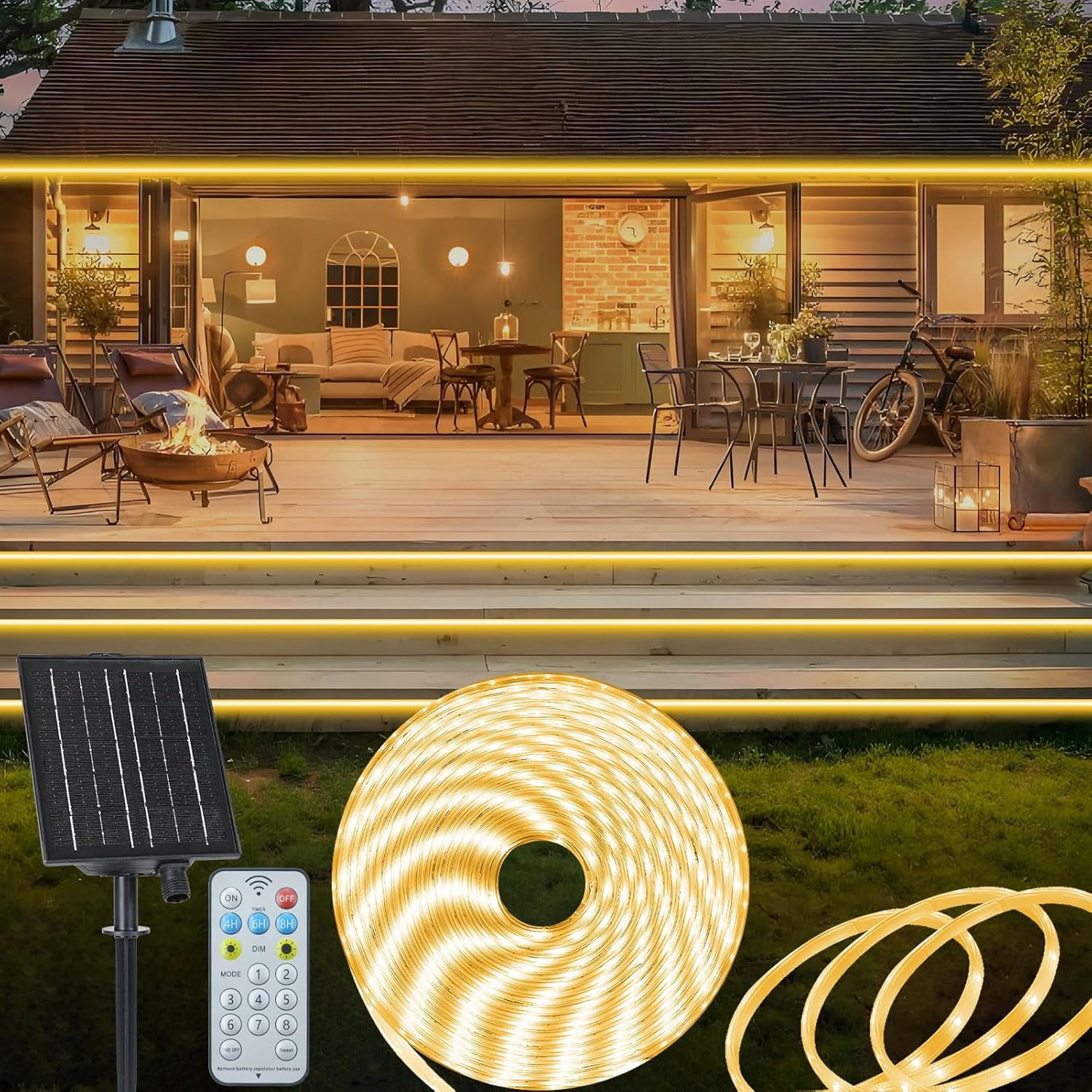 32.8ft Solar LED Strip Lights Outdoor, IP68 Fully Waterproof Strip ...
