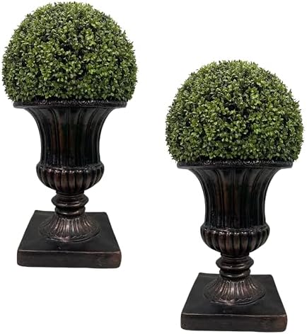 32" Ball Topiary in Brown Pedestal Pot Set of 2 Artificial Faux Plant ...