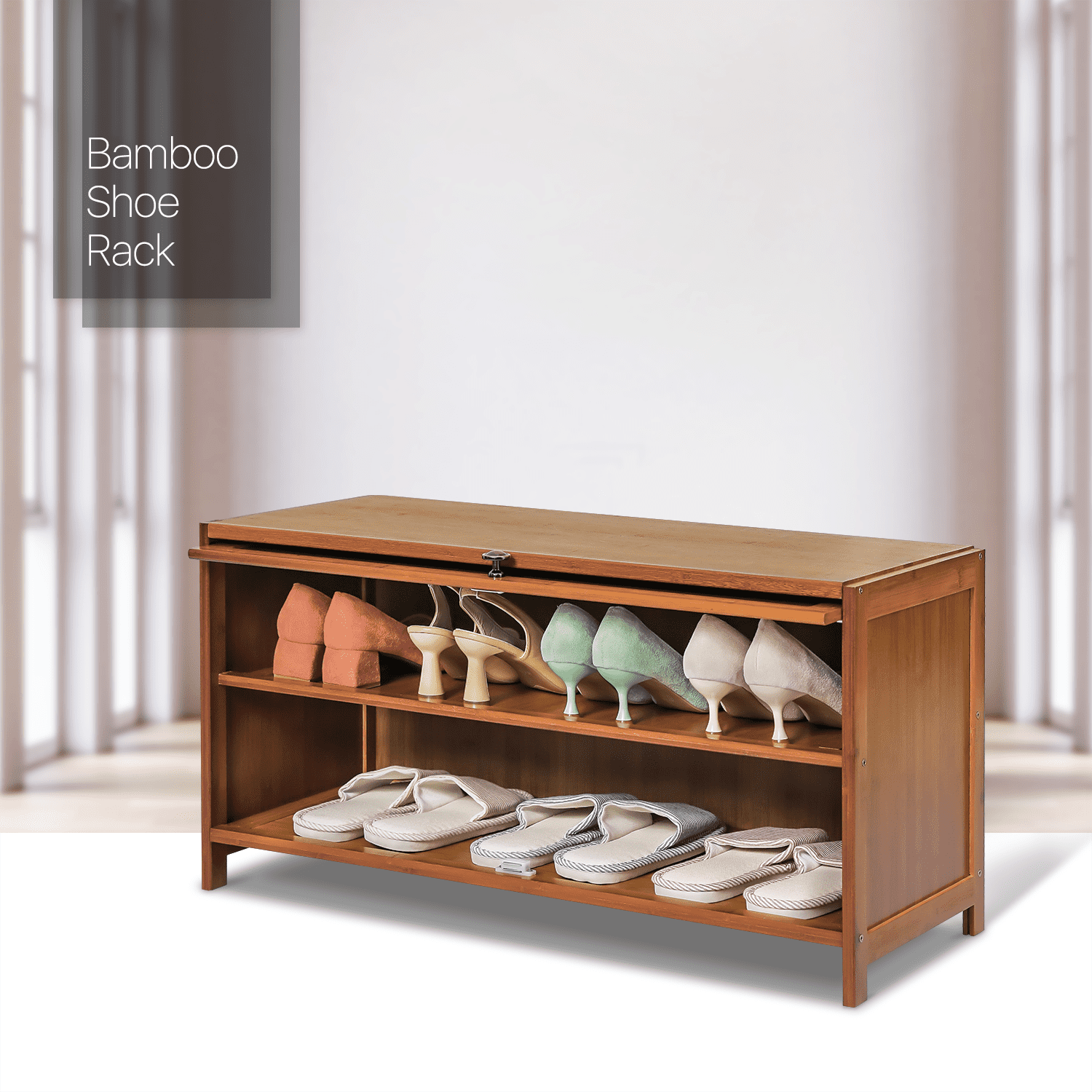 32"Bamboo [MAGNETIC FLIP-UP DOOR] Shoe Rack Organizer High Heels ...