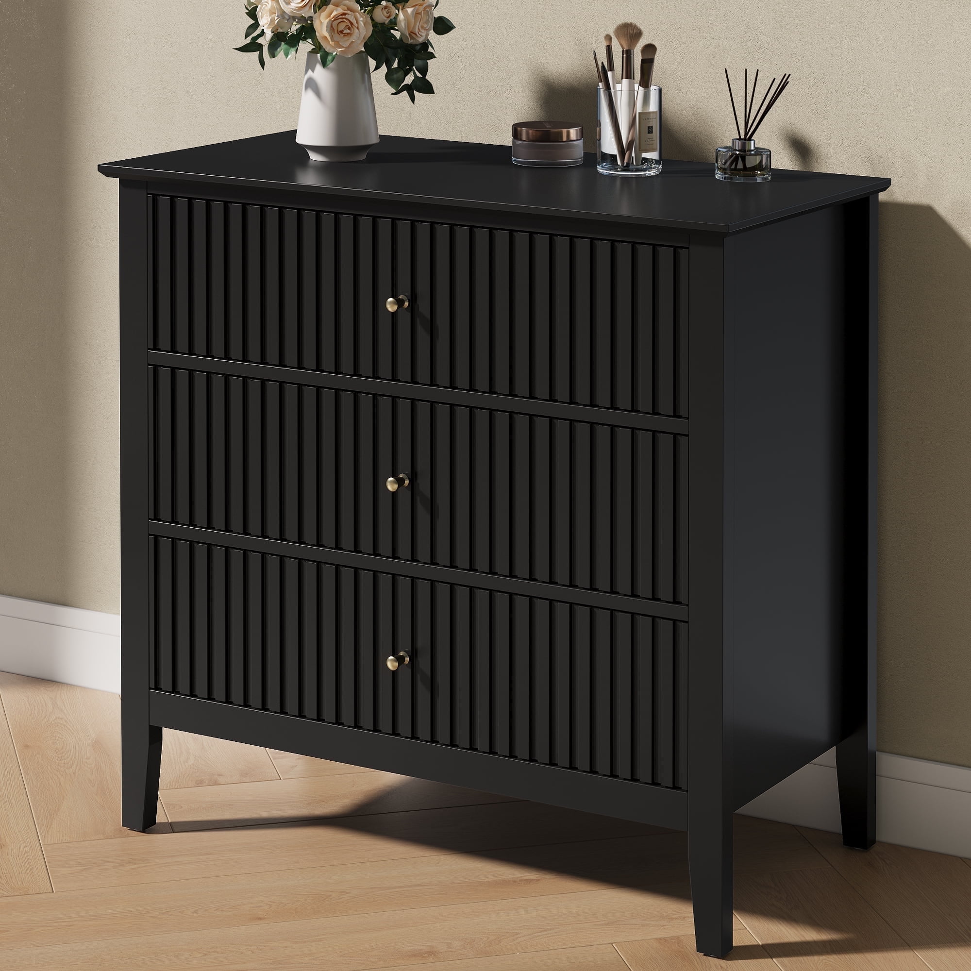 32" Black Fluted Dresser Nightstand, Wide Modern 3 Drawer Wooden Chest ...