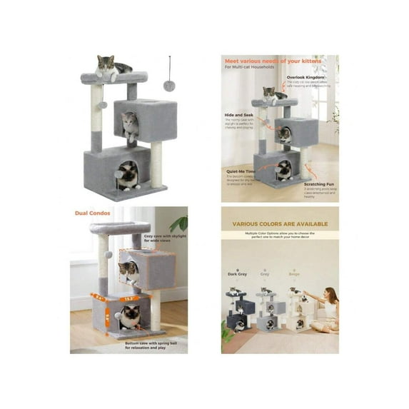 32" Cat Tree Tower For Indoor Cats - 2 Cozy Condos, Multi-Level Cat ...