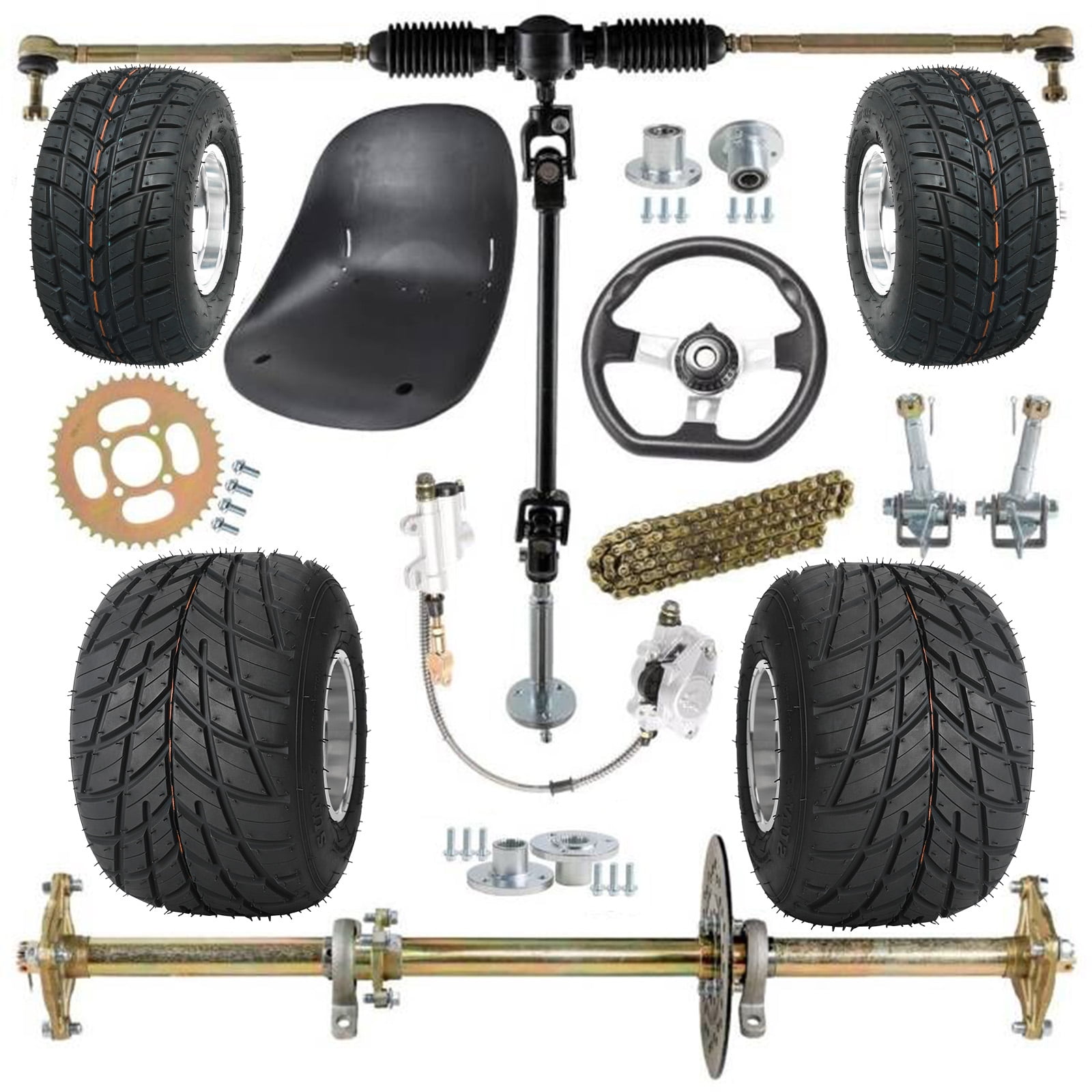 32" Complete Go Kart Rear Axle Kit 5" Wheels Rain Tires Front Steering ...