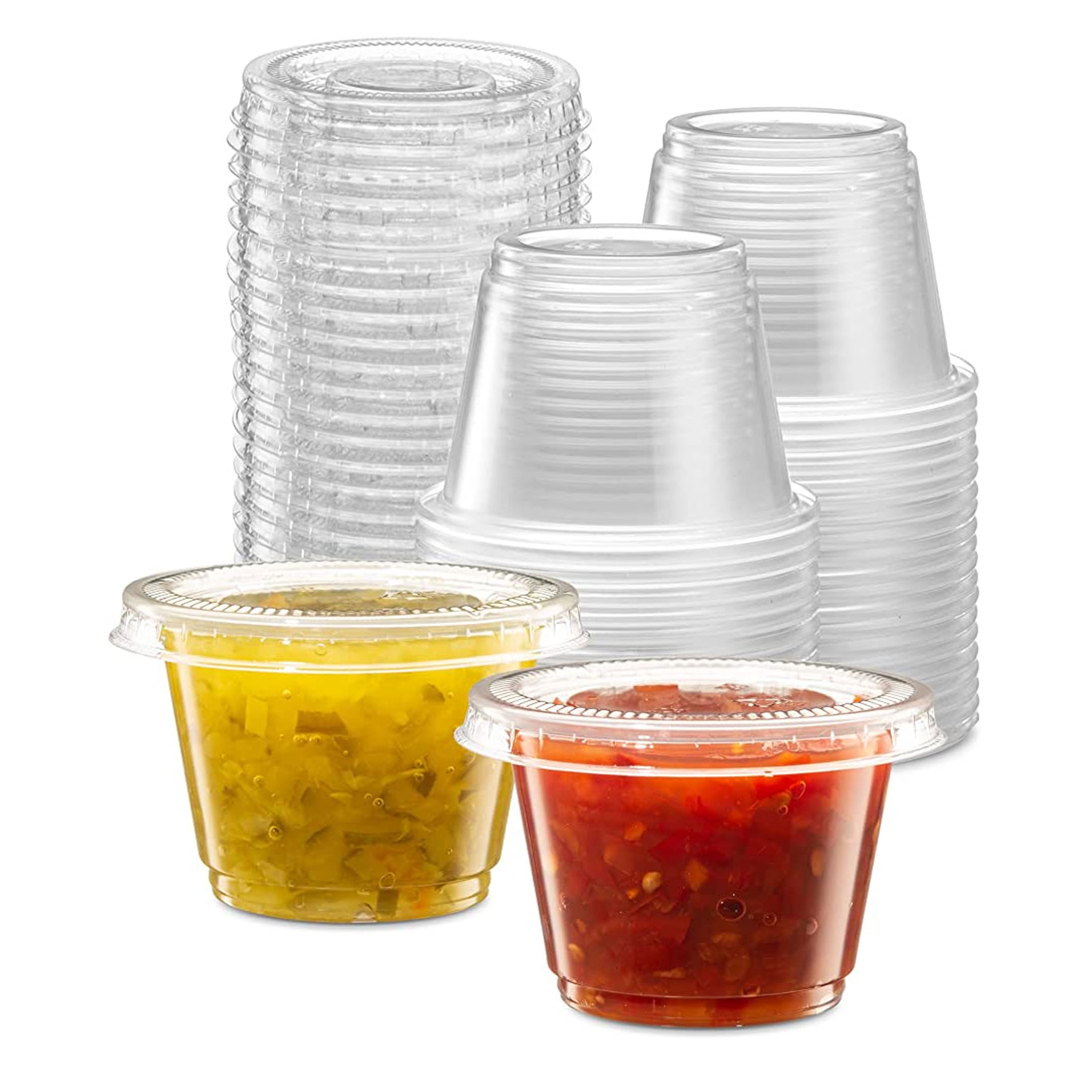 32 Ct Mini Cups with Lids 2.5oz Plastic Ramekin Sauce Shot Glasses ...